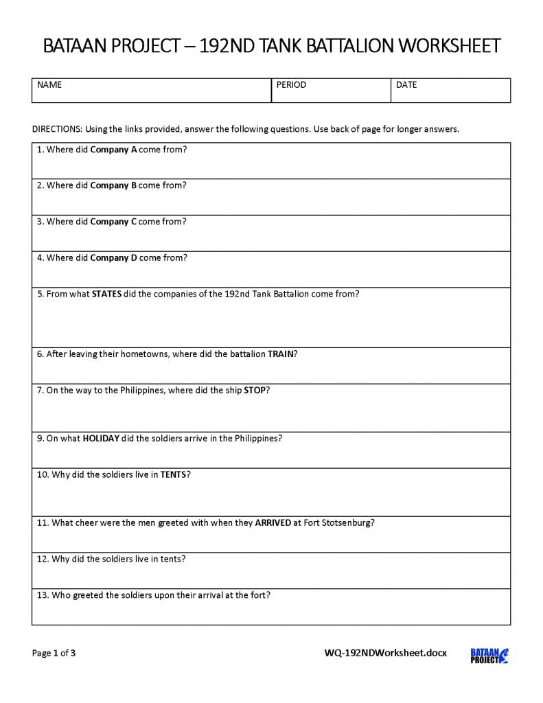 WebQuest Student Activity Worksheets (192nd) - Bataan Project 4