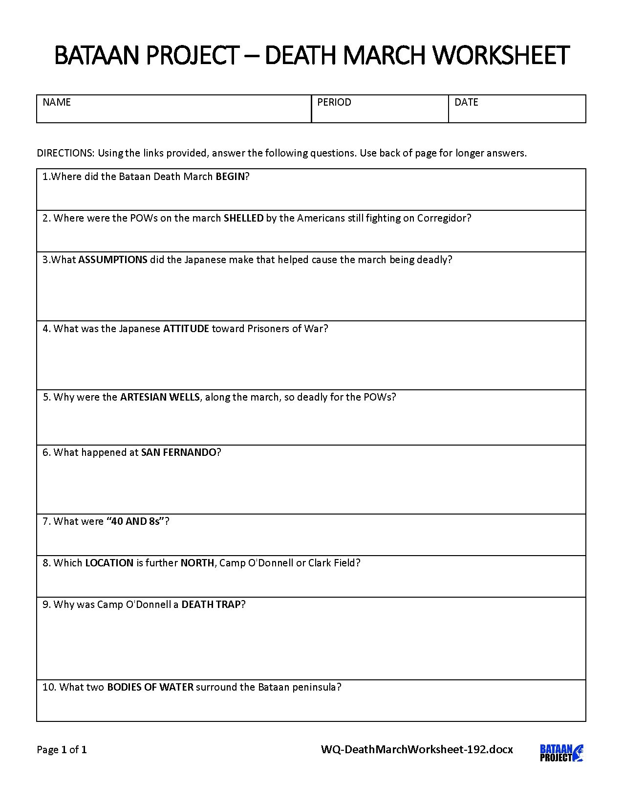 WebQuest Student Activity Worksheets (192nd) - Bataan Project 4