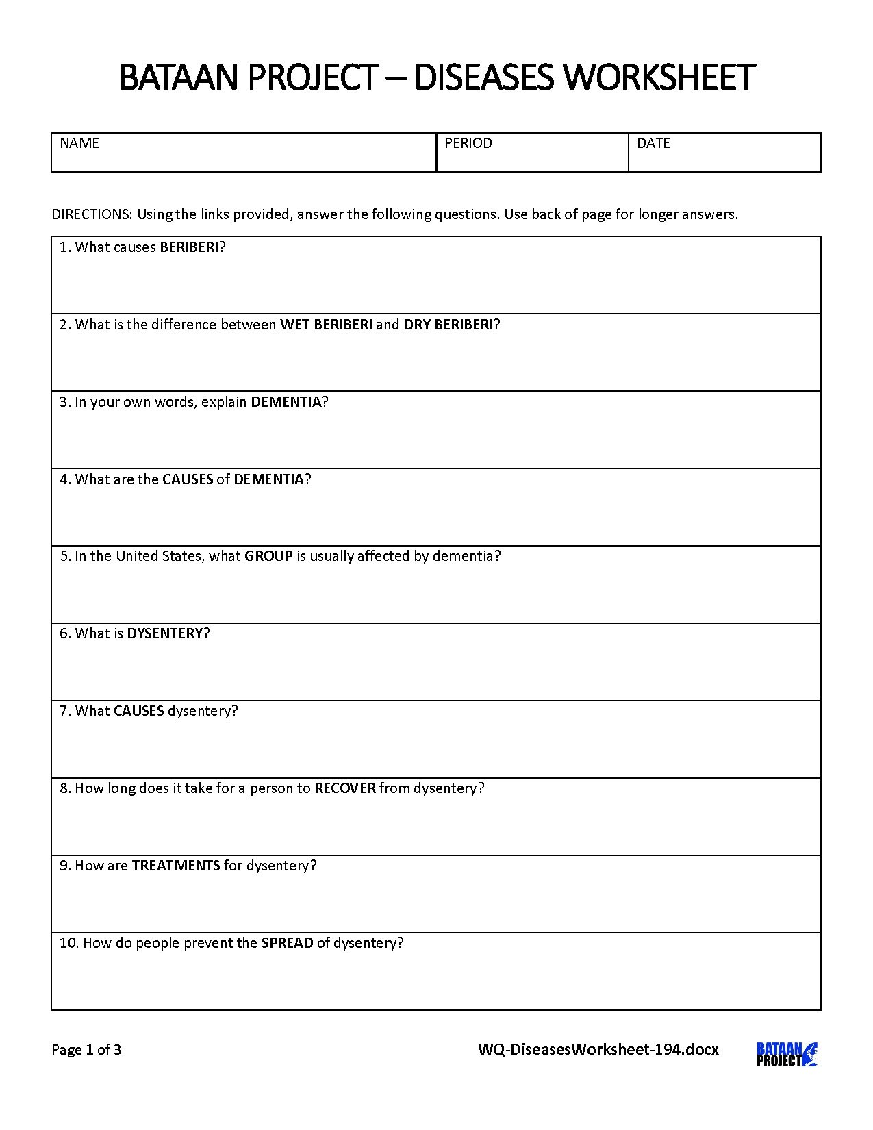 WebQuest Student Activity Worksheets (194th) - Bataan Project 4