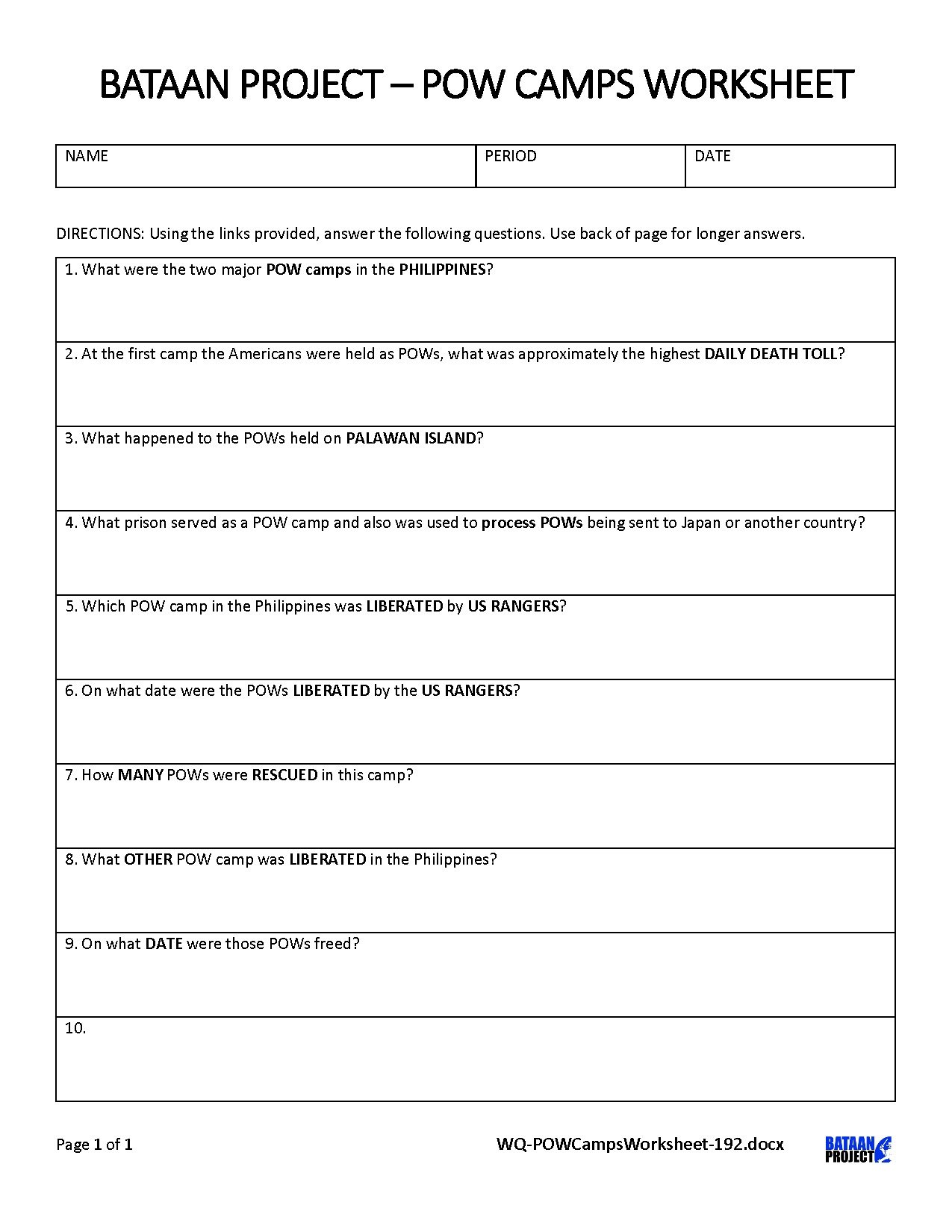 WebQuest Student Activity Worksheets (192nd) - Bataan Project 4